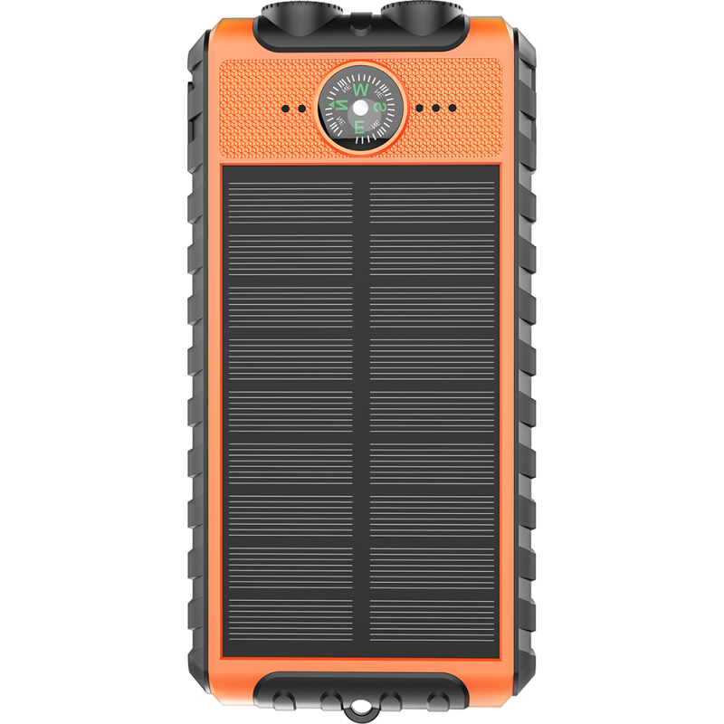 Powerbank Solaire 10000 mAh USB 2A+C Orange/Noir - Equipé d'une lampe torche, d'une dragonne et ...