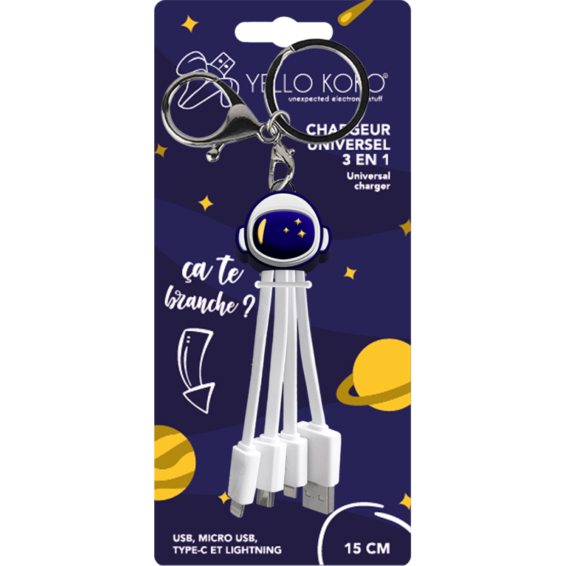 Câble 3 en 1 Andy USB A/micro USB & USB C & Lightning 0,15m Astro Yello ...
